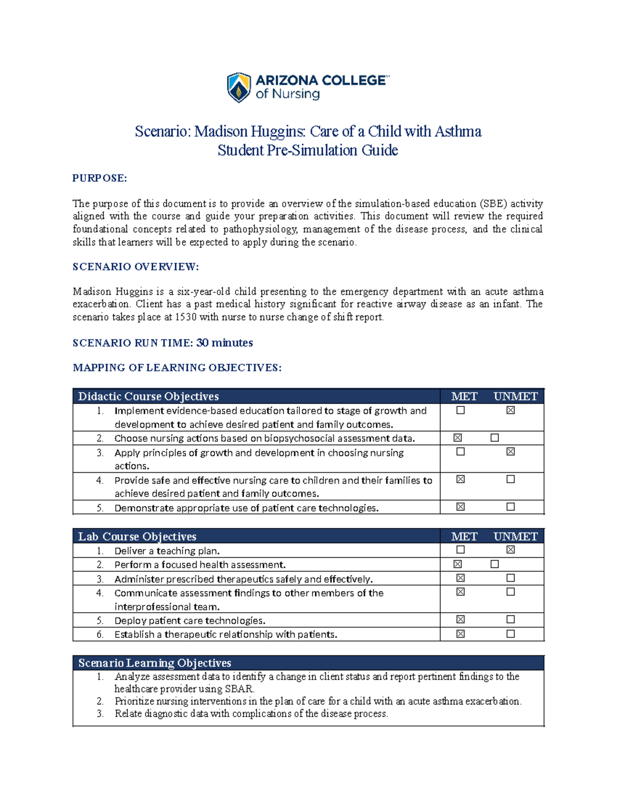 Madison Huggins Care of a Child with Asthma Student Pre-Simulation ...
