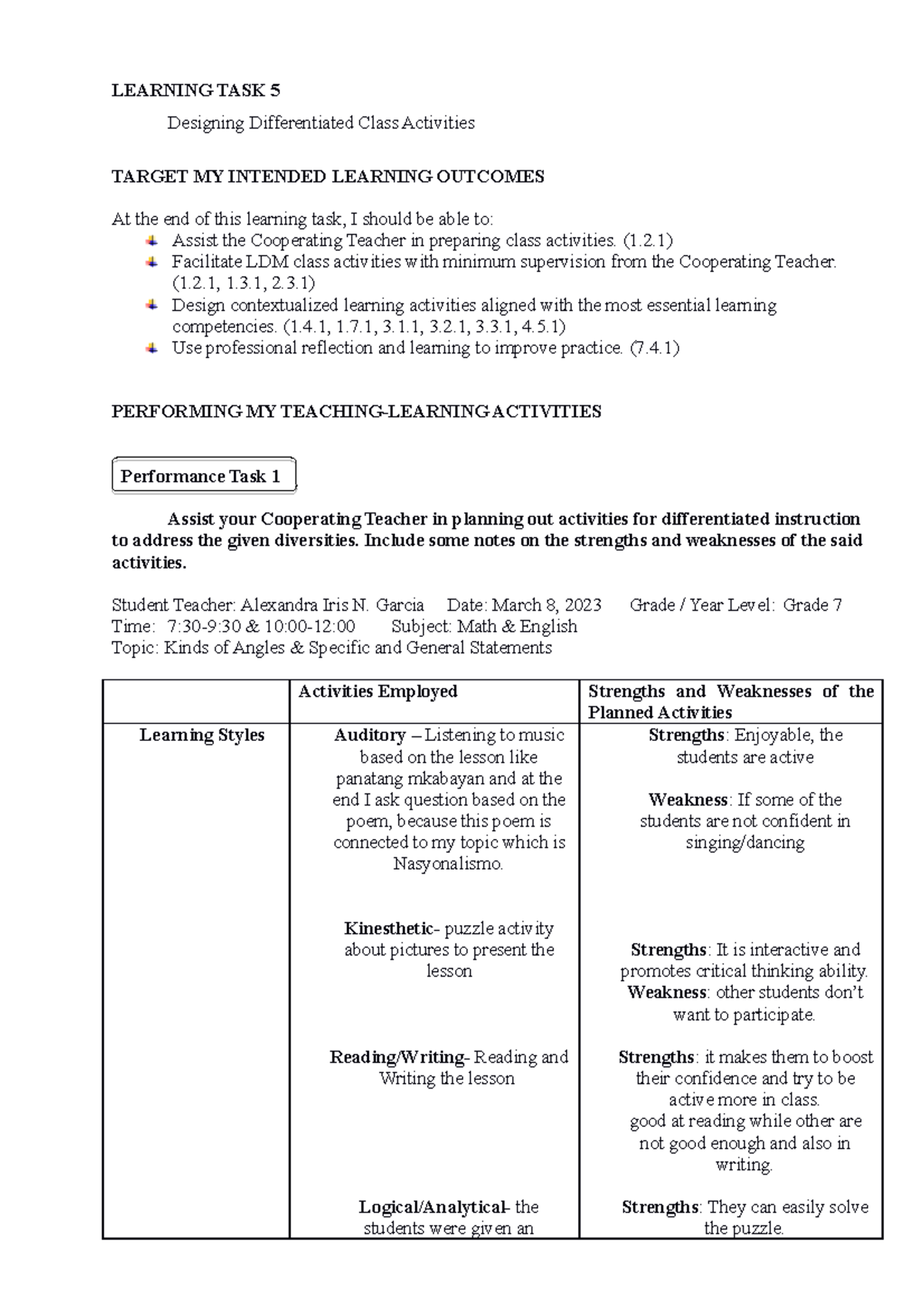 Alex Learning-TASK-5-1 - LEARNING TASK 5 Designing Differentiated Class ...