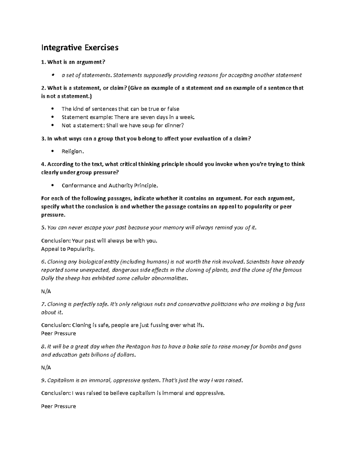 Integrative Exercises - What is an argument? a set of statements ...