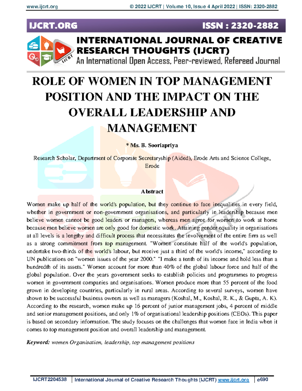 Ijcrt 2204538 - you have to read this all - ROLE OF WOMEN IN TOP ...