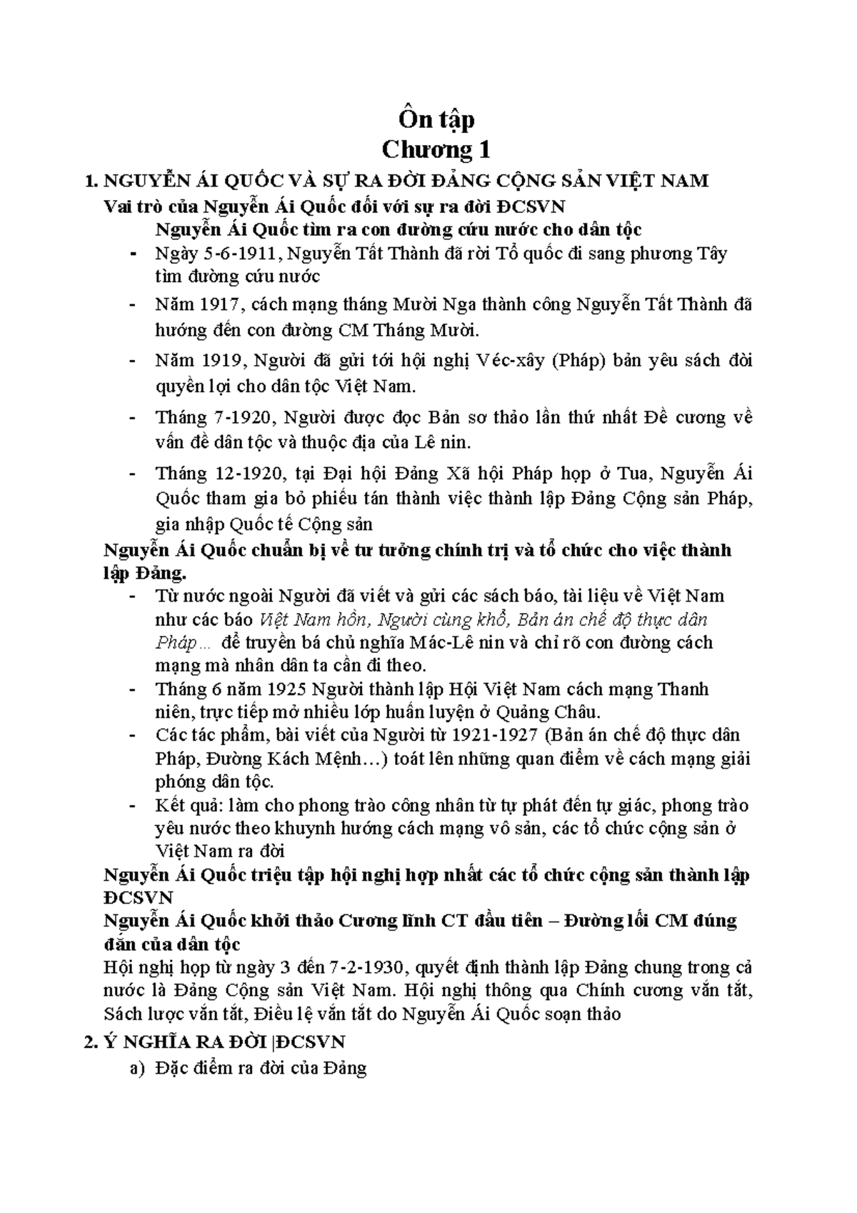 Ôn Tập - hjbh - Ôn tập Chương 1 1. NGUYỄN ÁI QUỐC VÀ SỰ RA ĐỜI ĐẢNG ...