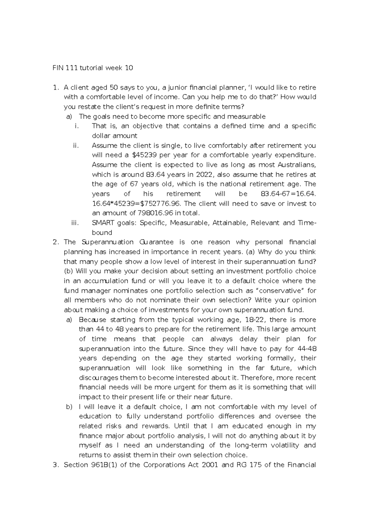FIN 111 tutorial week 10 - FIN 111 tutorial week 10 A client aged 50 ...