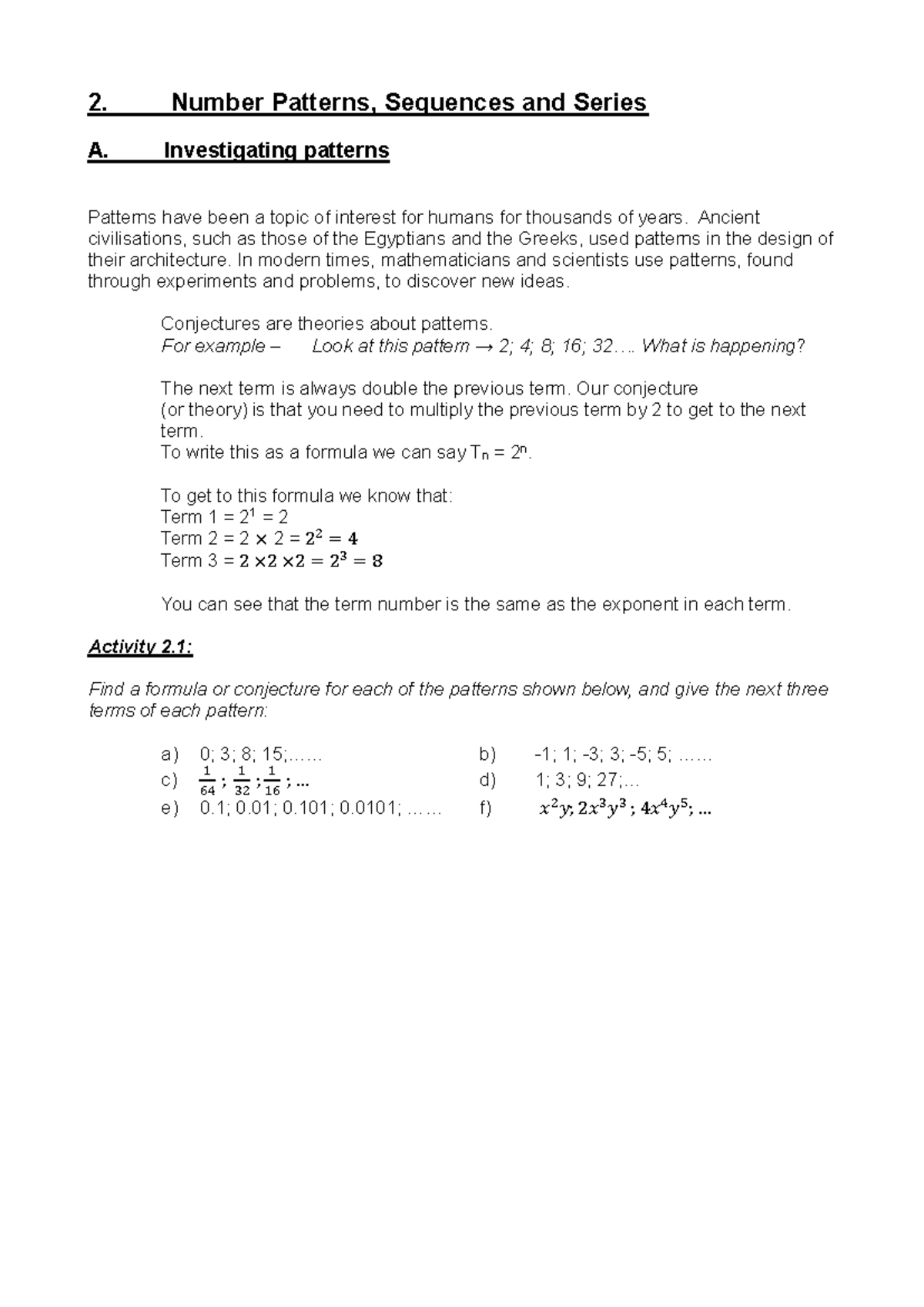 Chapter 2 Patterns Sequences and Series - 2. Number Patterns, Sequences and Series A ...