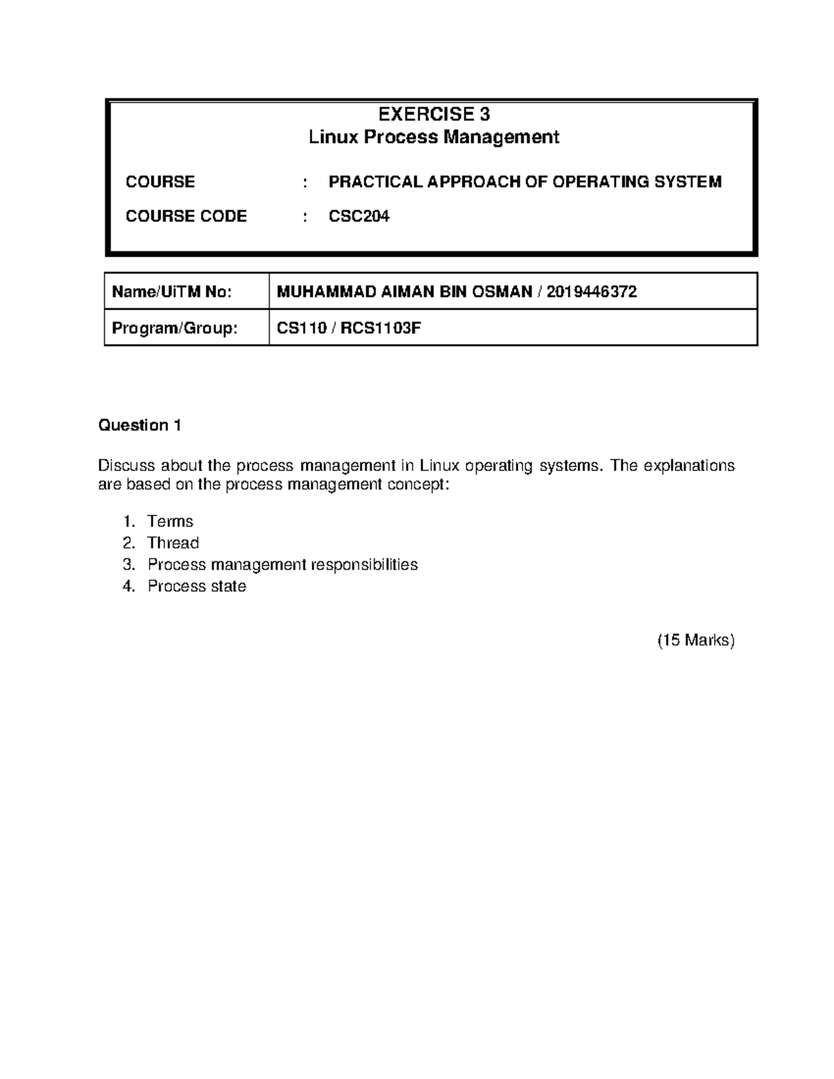 Week 10 Exercise 3 Linux process management Muhammad AIman Bin Osman ...