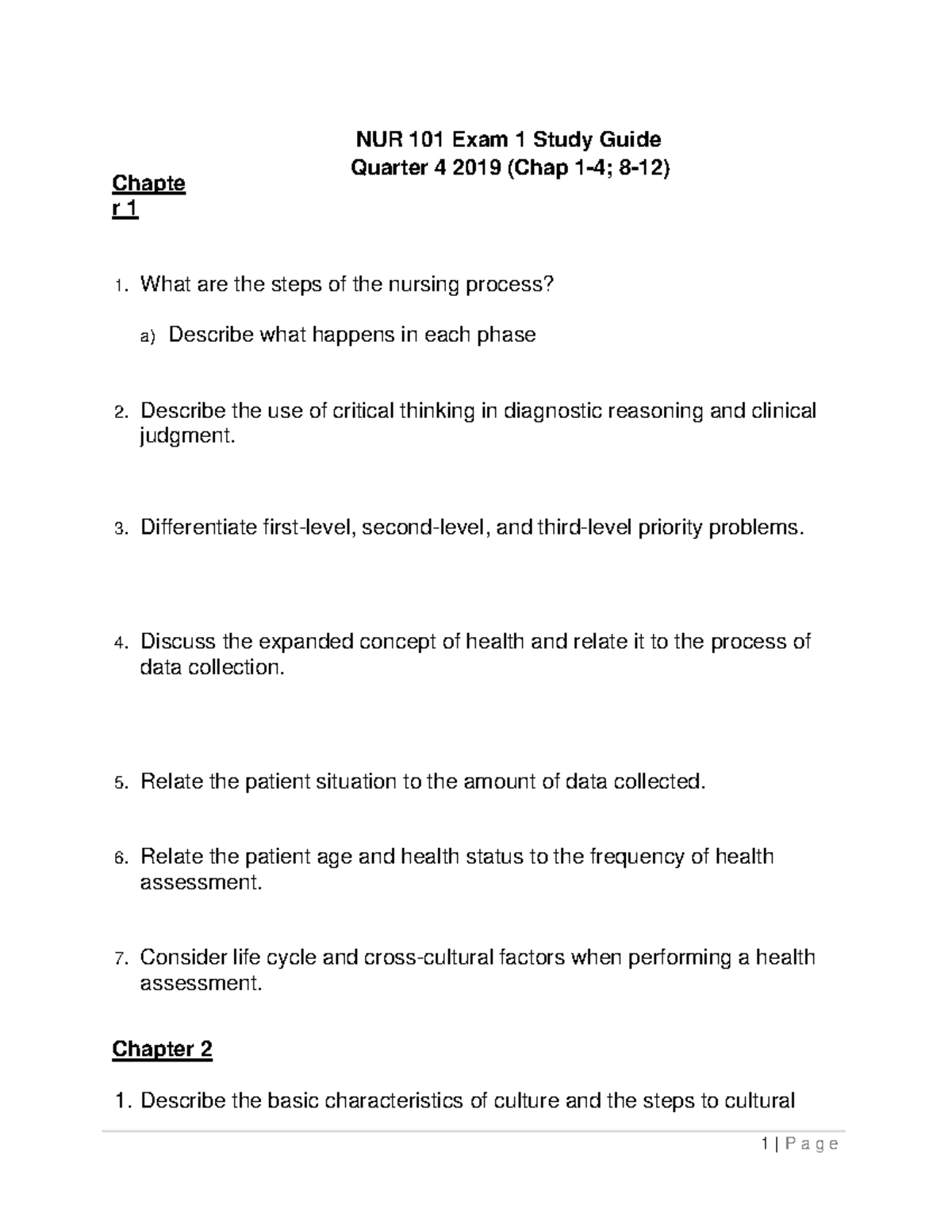 NUR 101 Exam 1 Study Guide Health Assessment - Chapte r 1 NUR 101 Exam ...