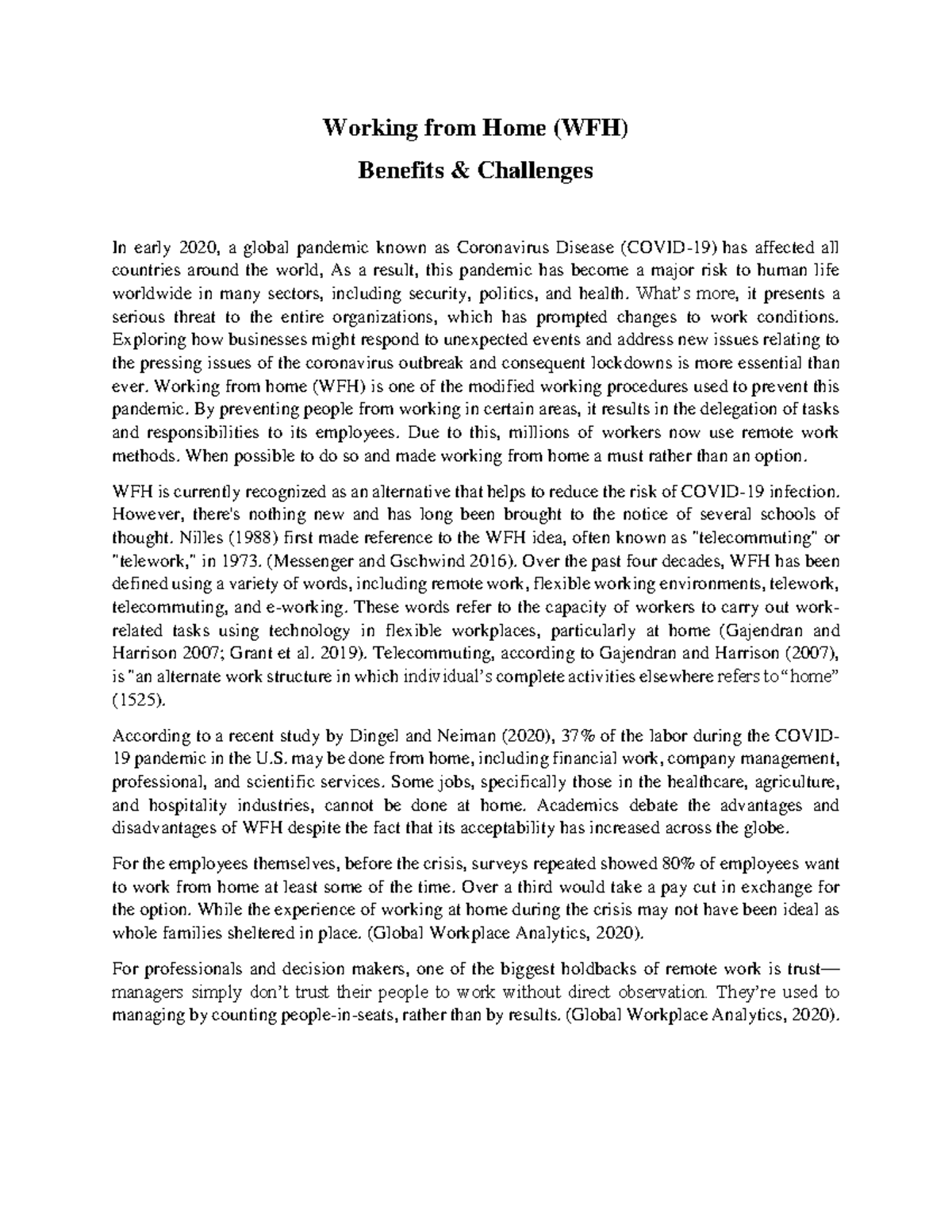 Litreture Review - WFH Benfits and Challenges - Working from Home (WFH ...