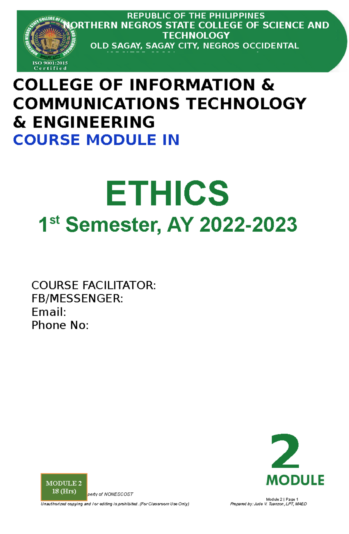 Ethics module 2 1st sem 2022 2023 - This document is a property of ...