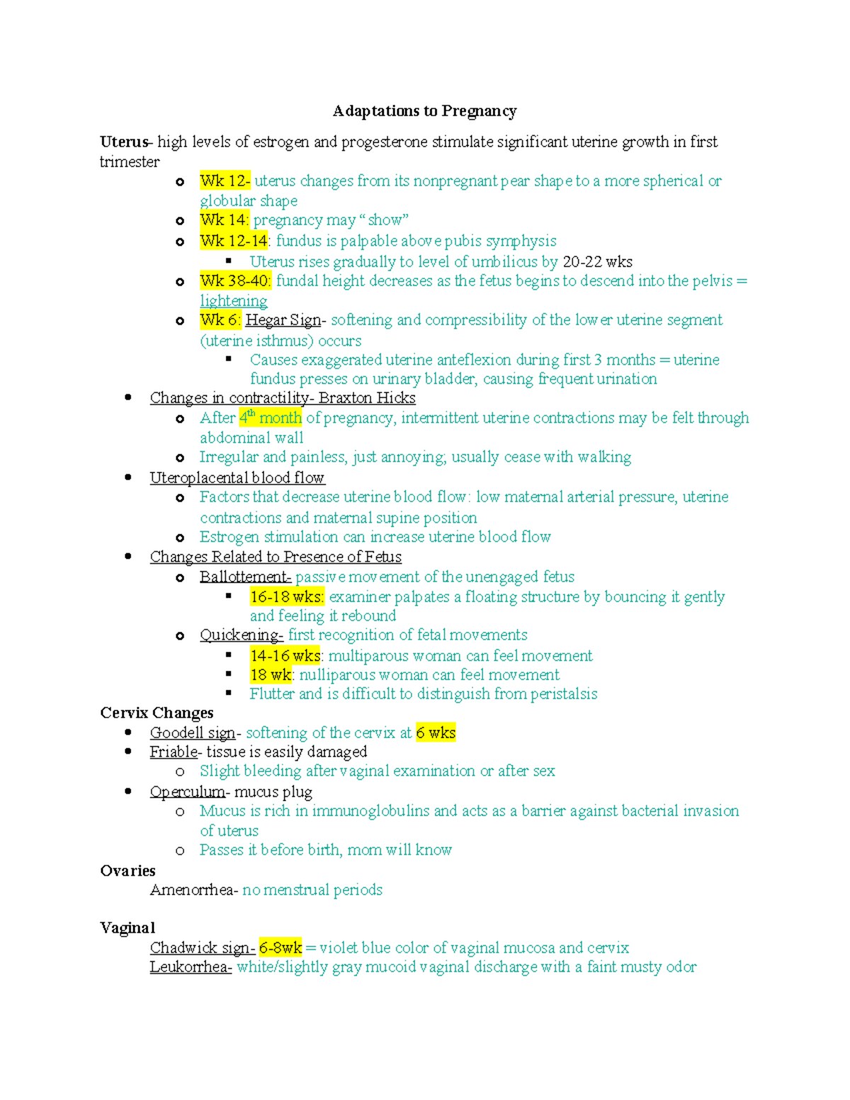 Ch 13 Key Points - maternity - Adaptations to Pregnancy Uterus- high ...