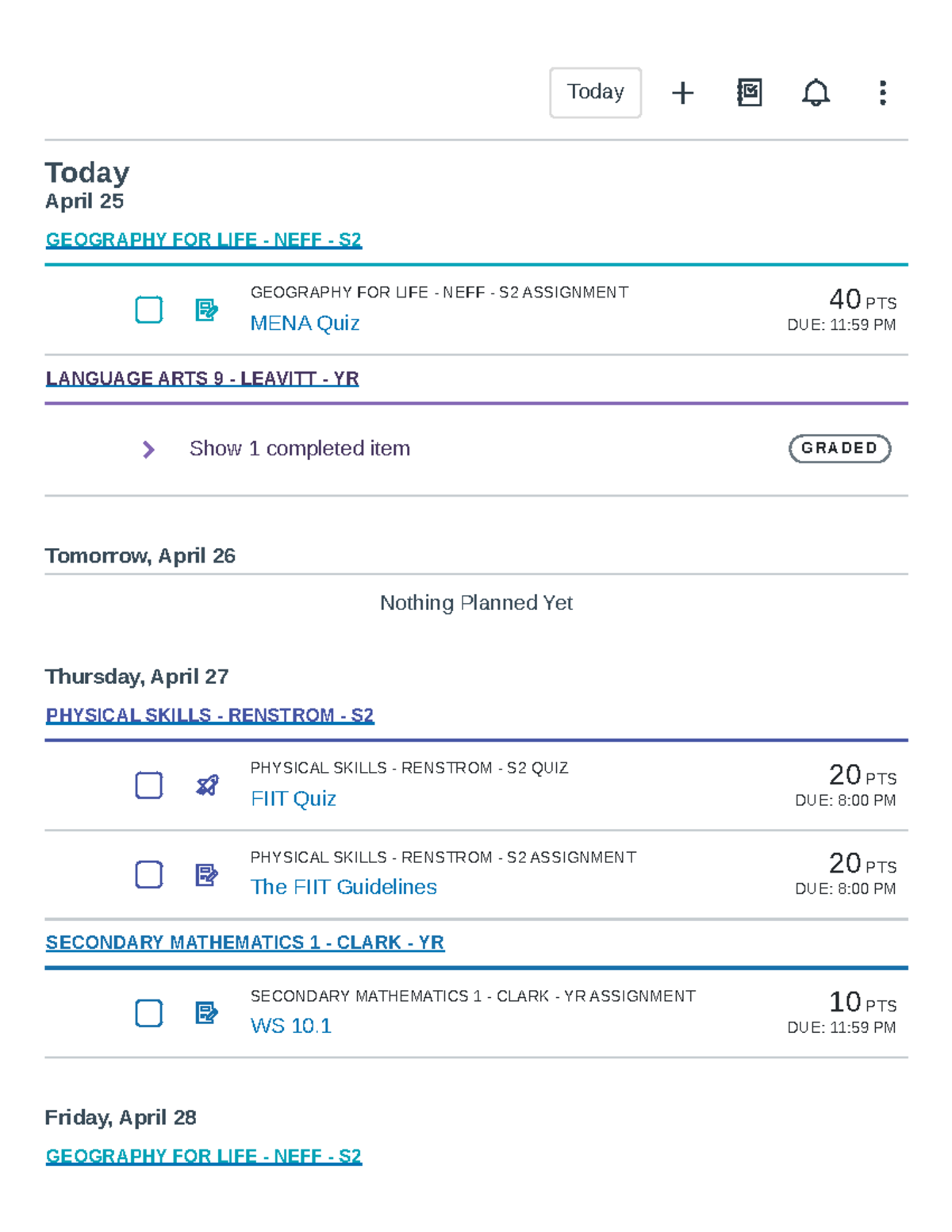 Dashboard - info - Today April 25 Tomorrow, April 26 Nothing Planned ...