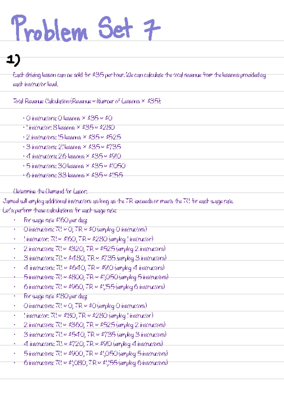 Problema set7 - Problem set for professor Stevenson - Each driving lesson can be sold for $35 ...