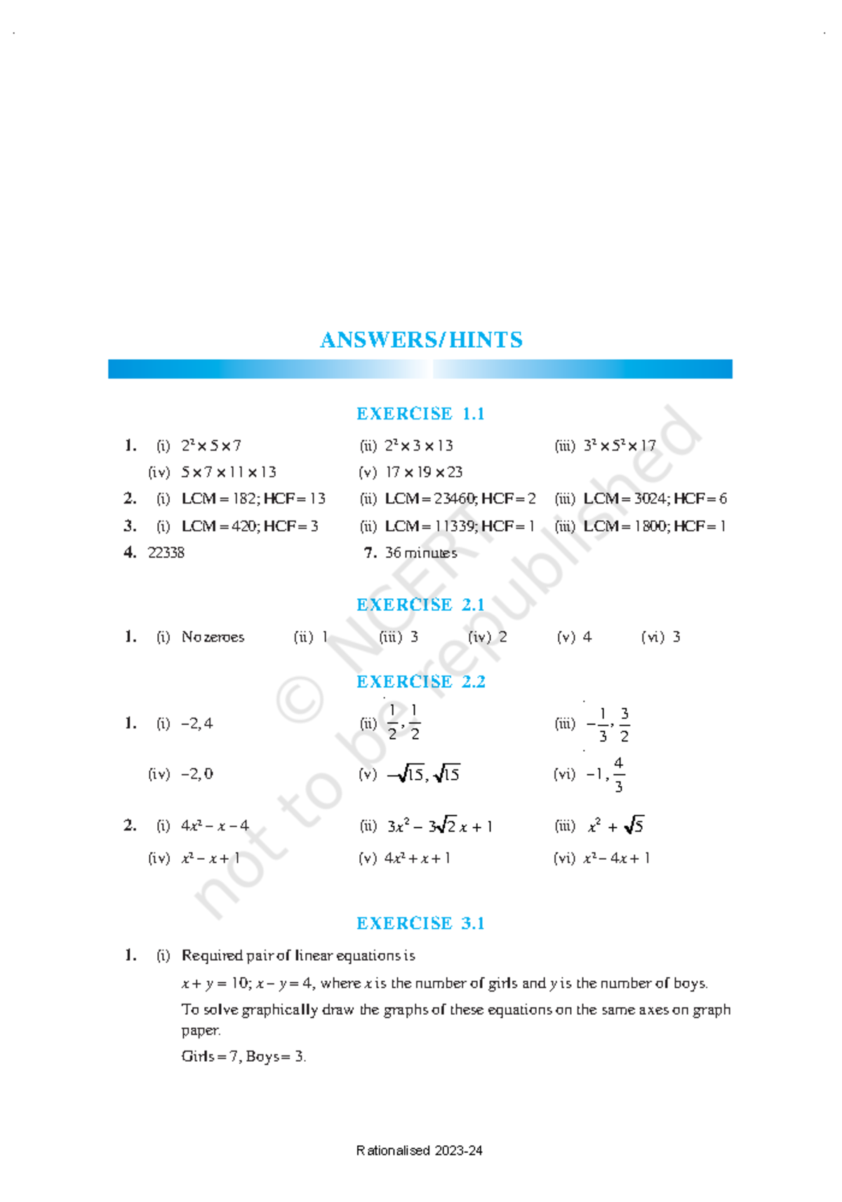 Jemh1an - kasfksnfk - 250 MATHEMATICS APPENDIX 1 ANSWERS/ HINTS EXERCISE 1. (i) 22 × 5 × 7 (ii ...
