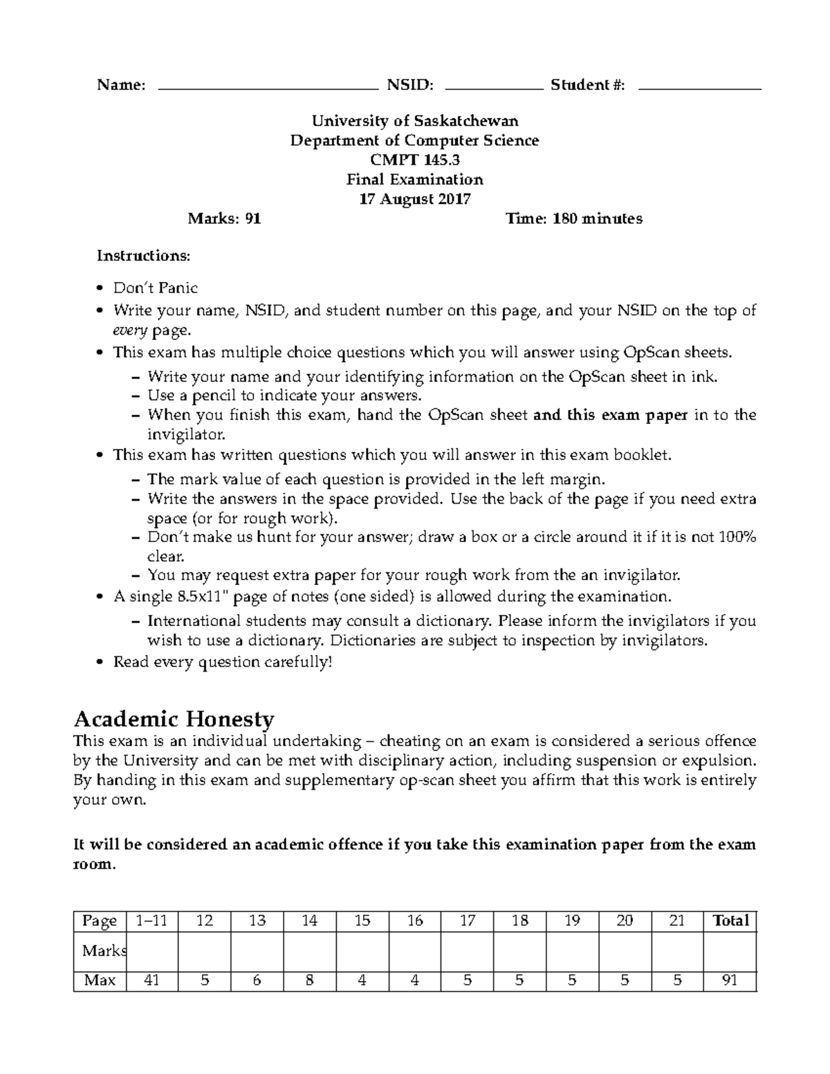 CMPT 145 FINAL (2017) - Name: NSID: Student #: University of Saskatchewan Department of Computer ...