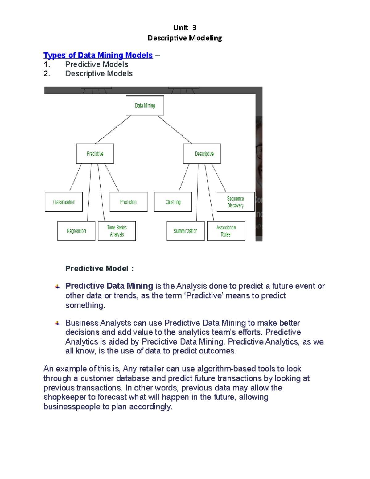 Unit-3 Models DM - 2022 - Descriptive Modeling Types of Data Mining Models – Predictive Models ...