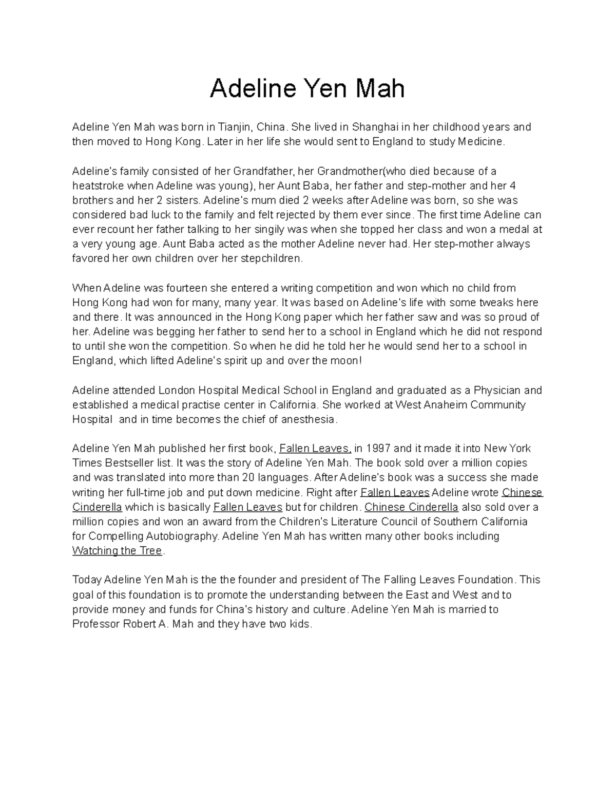 Adeline Yen Mah Biography - 050836 - Studocu
