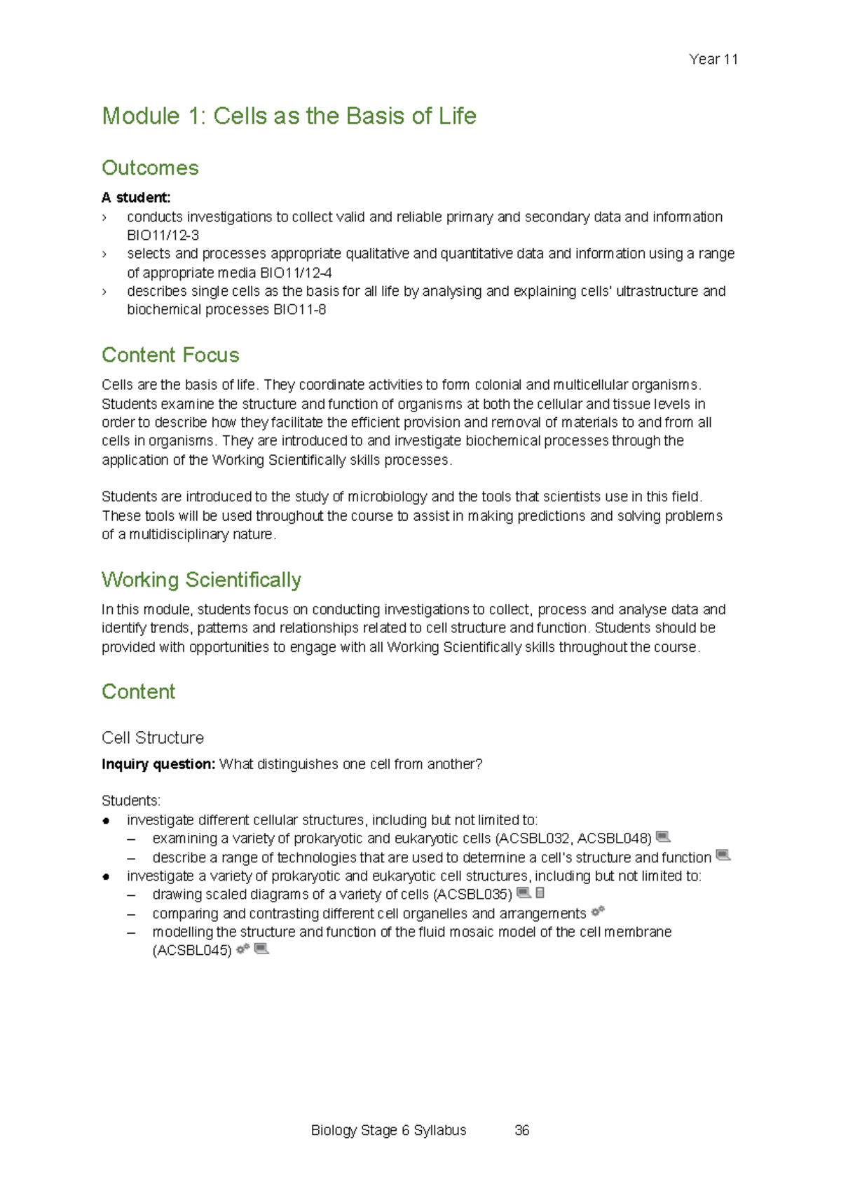 Year 11 Biology Syllabus - Module 1: Cells as the Basis of Life ...