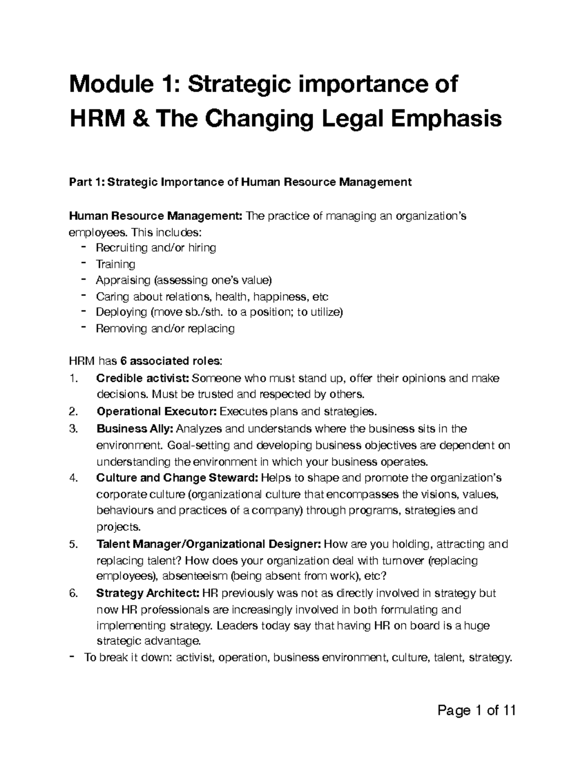 HRM 200 Module 1 - Notes. - Module 1: Strategic importance of HRM & The ...