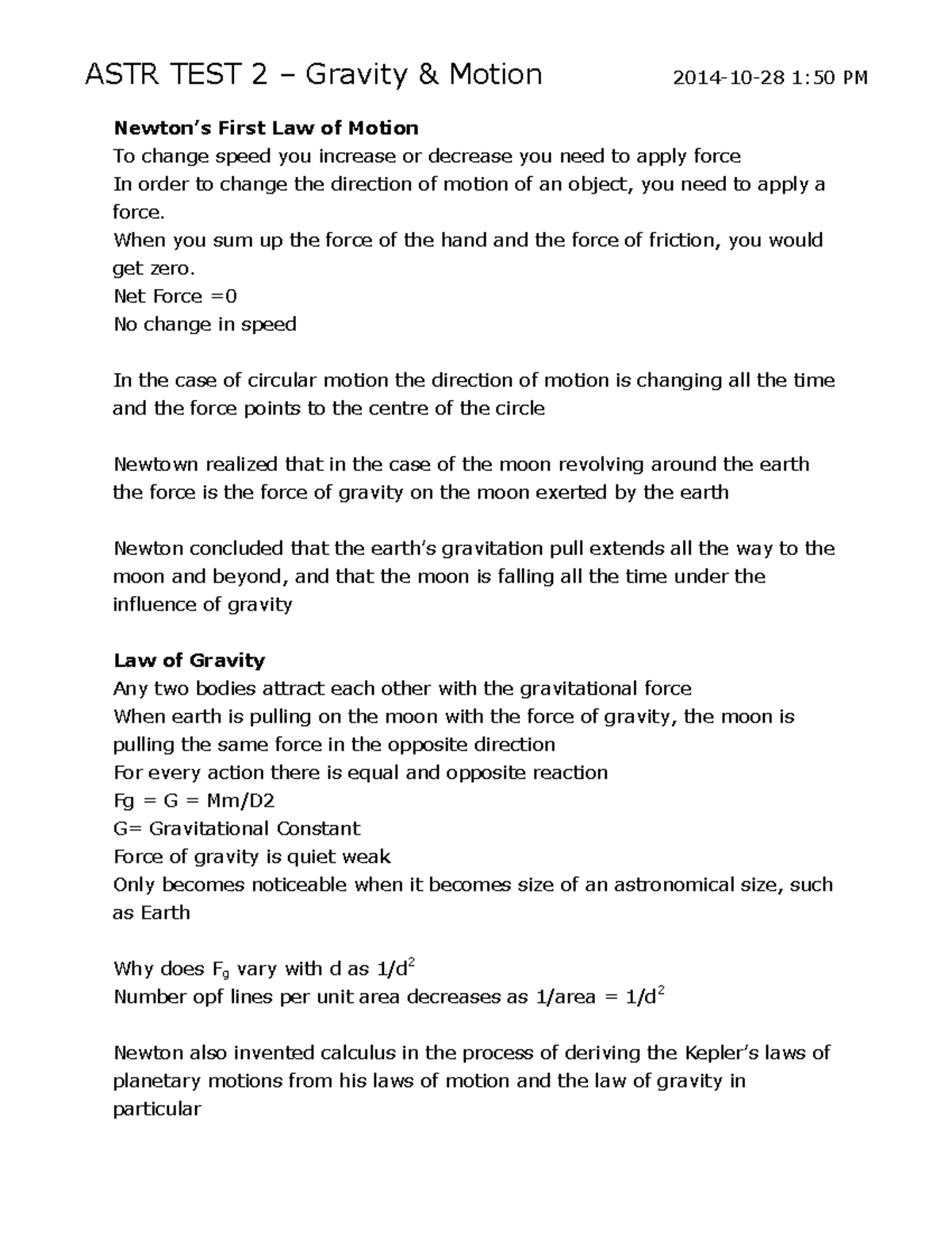 Summary - Gravity & Motion - ASTR TEST 2 Gravity Motion 1:50 PM First ...