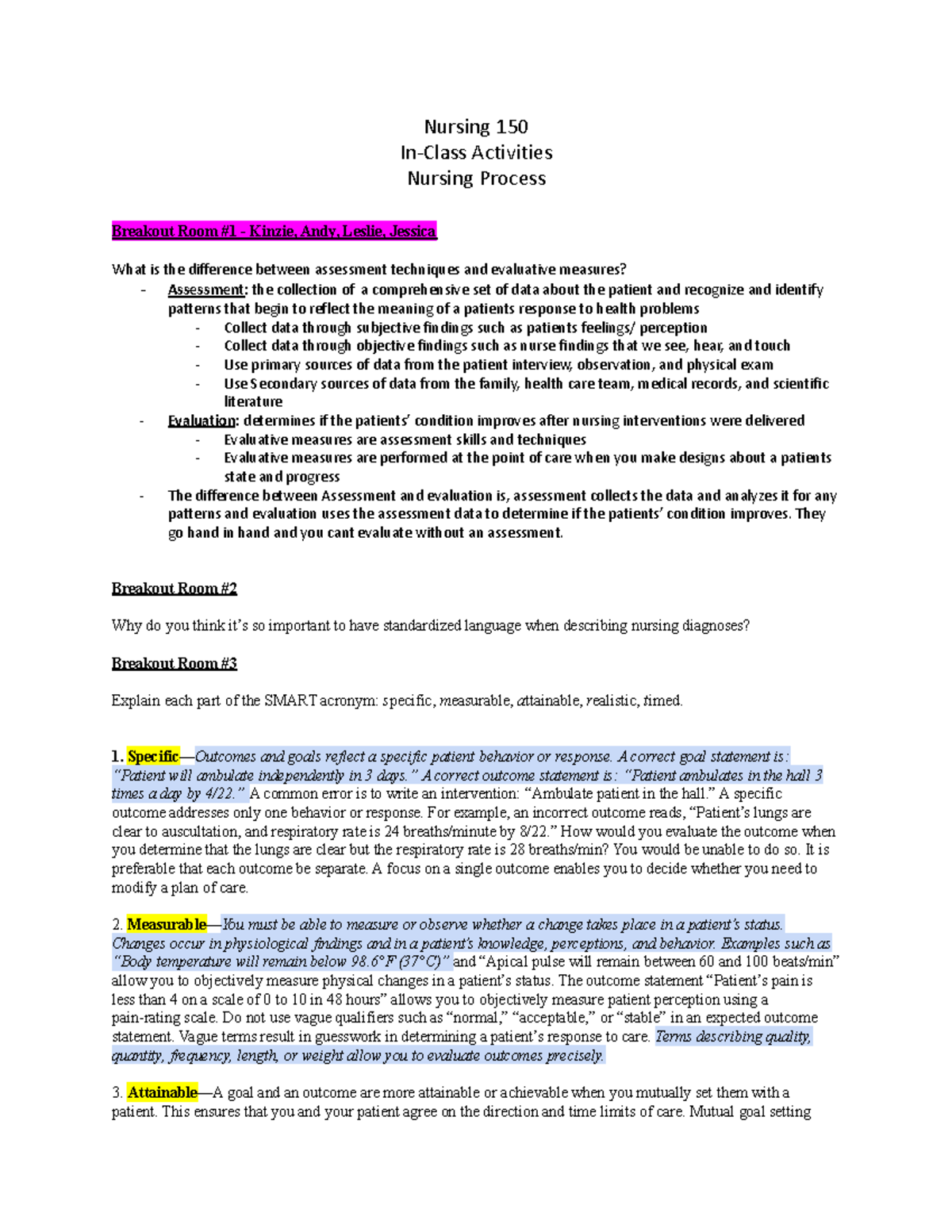 N 150 Nursing Process Class Activities - Nursing 150 In-Class ...