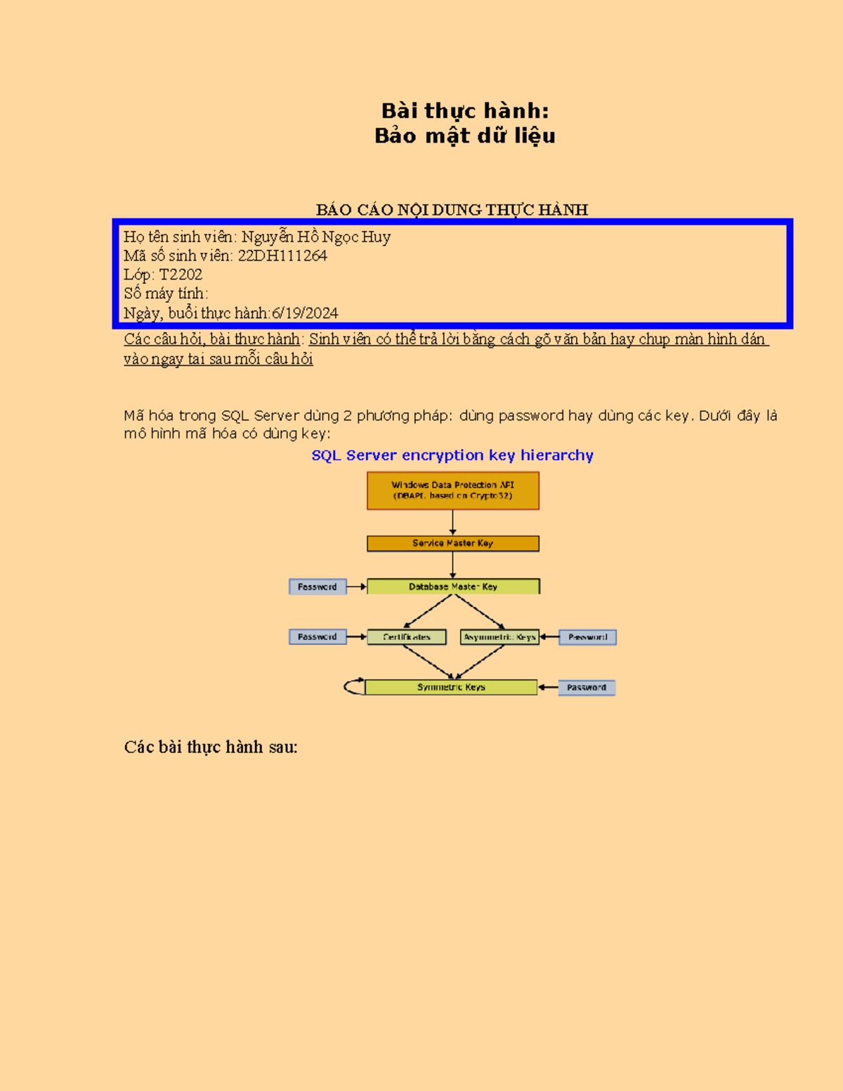 Thuc Hanh-Bao Mat SQL-Cong Diem - Bài thực hành: Bảo mật dữ liệu BÁO CÁO NỘI DUNG THỰC HÀNH Họ ...