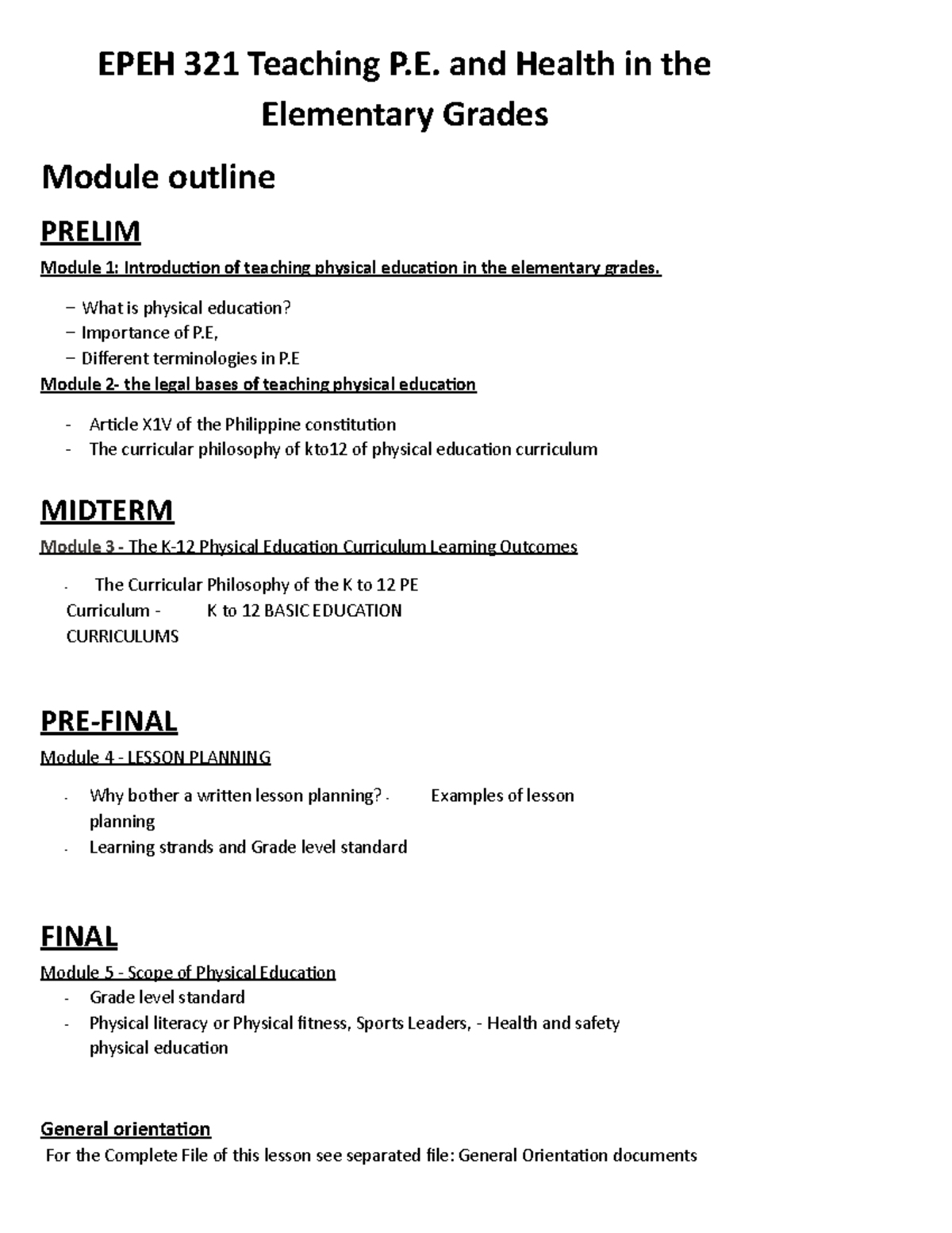 EPEH 321 Prelim Module - Physical Education - EPEH 321 Teaching P. and ...