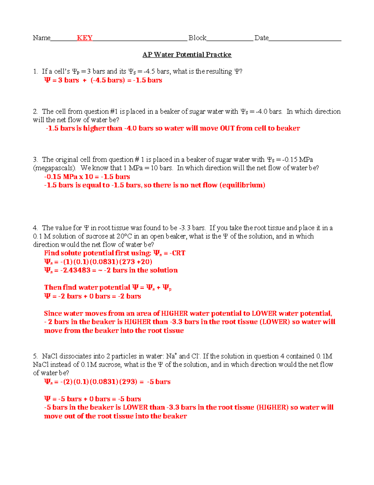0 water potential practice key - Name KEY Block Date AP Water Potential ...