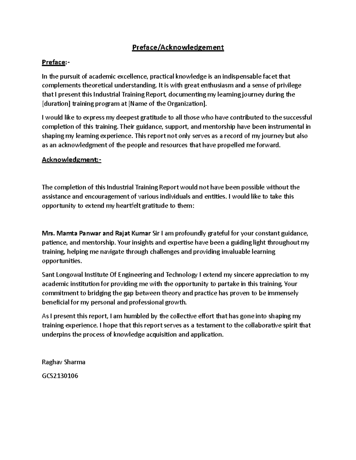 Preface - Preface/Acknowledgement Preface:- ####### In the pursuit of ...