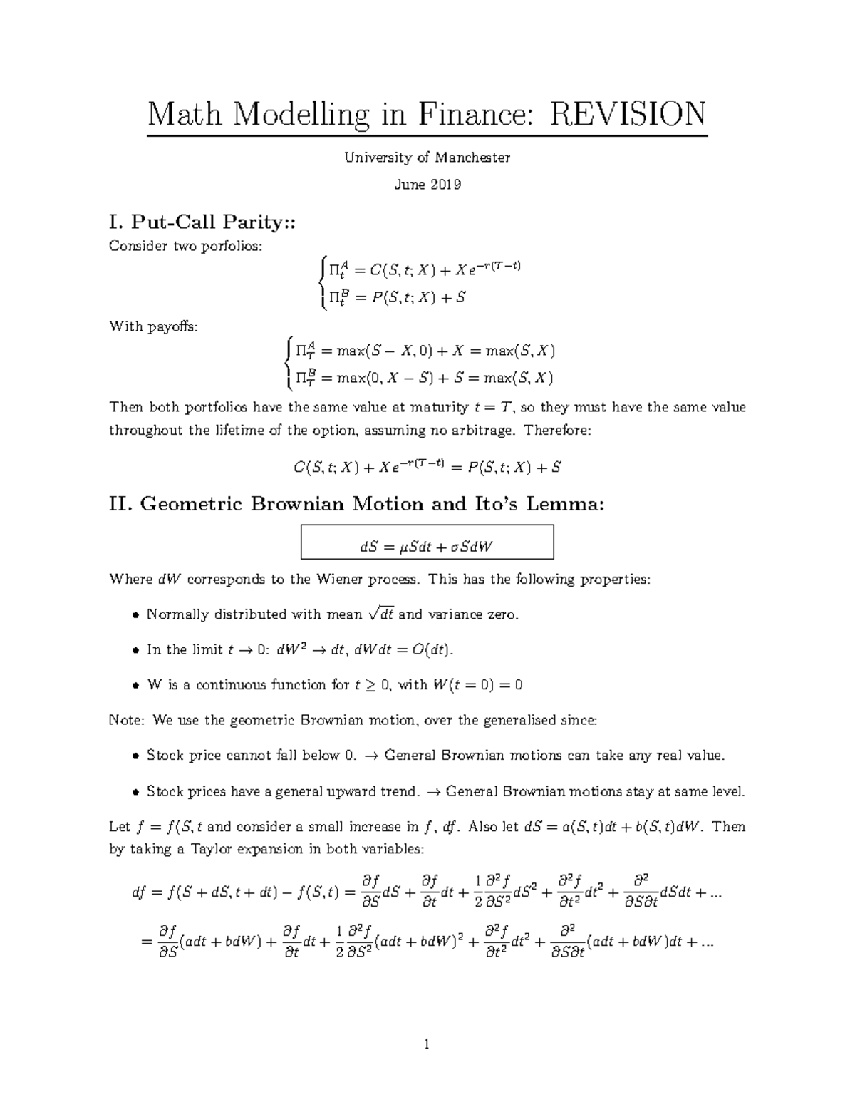 Course summary: Mathematical modelling in Finance - Math Modelling in ...