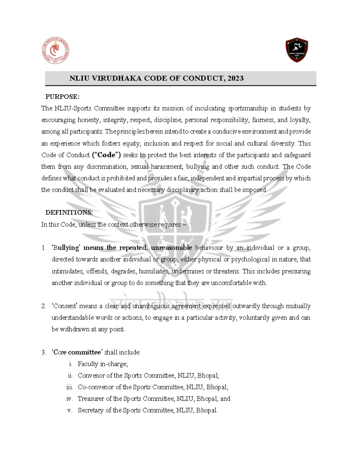 Code of Conduct for Virudhaka XIII (2023) - PURPOSE: The NLIU-Sports ...