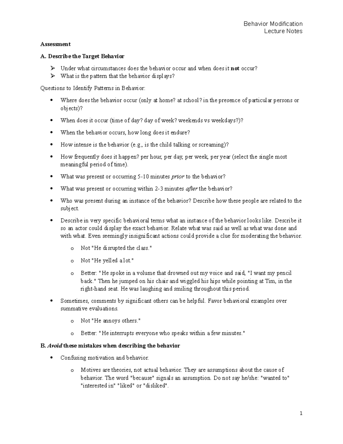Behavior Mod Lecure Notes Assessment - Lecture Notes Assessment A ...