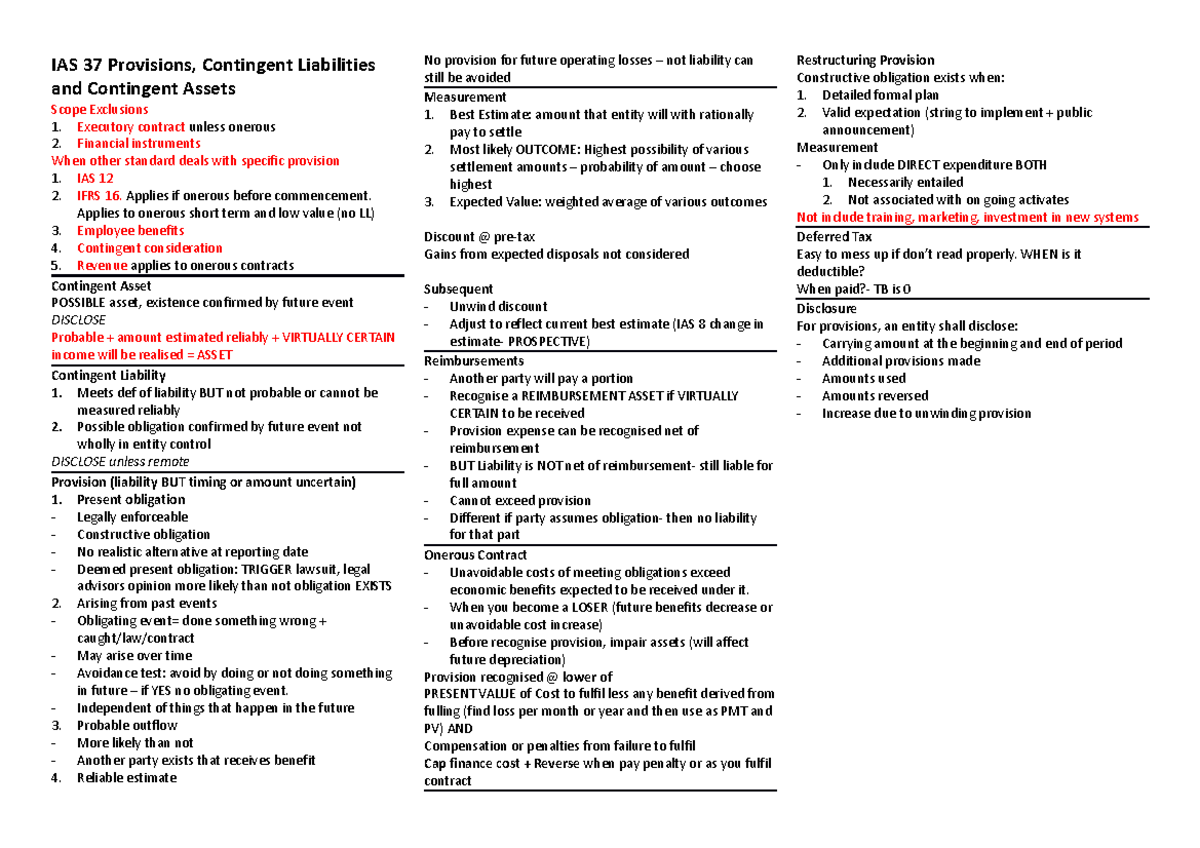 IAS 37 One Pager - IAS 37 Provisions, Contingent Liabilities and ...