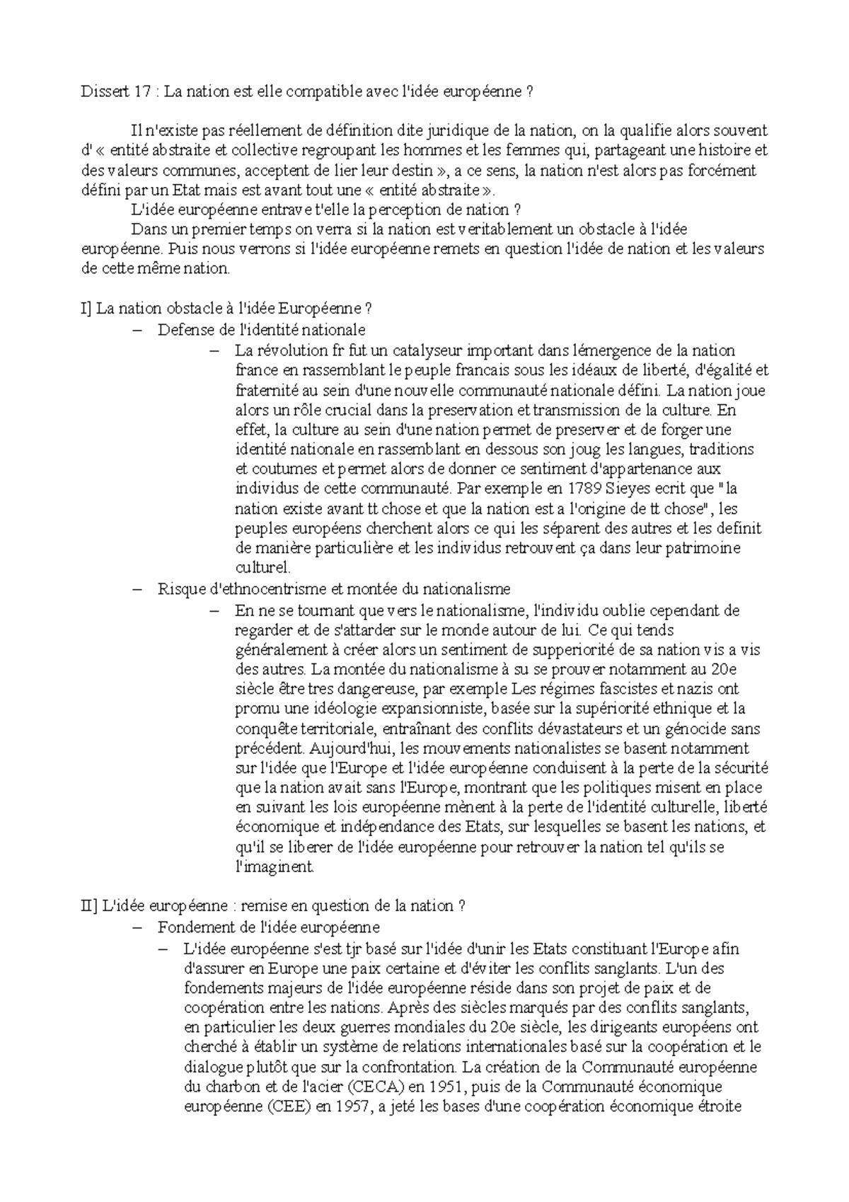 Dissert 17 - Sujet oral Idée euro - Dissert 17 : La nation est elle ...