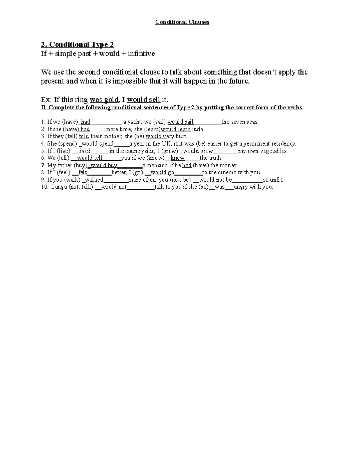 Conditional Clauses ws - Conditional Clauses 2. Conditional Type 2 If ...