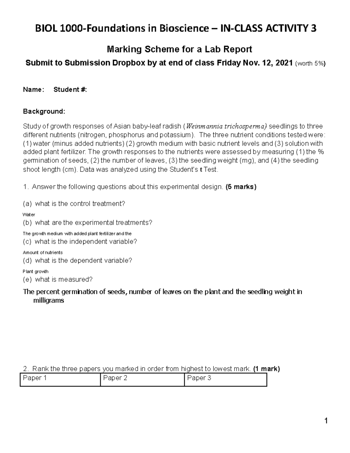 BIOL 1000-Activity 3-Marking Papers - Research Paper Marking Assignment ...