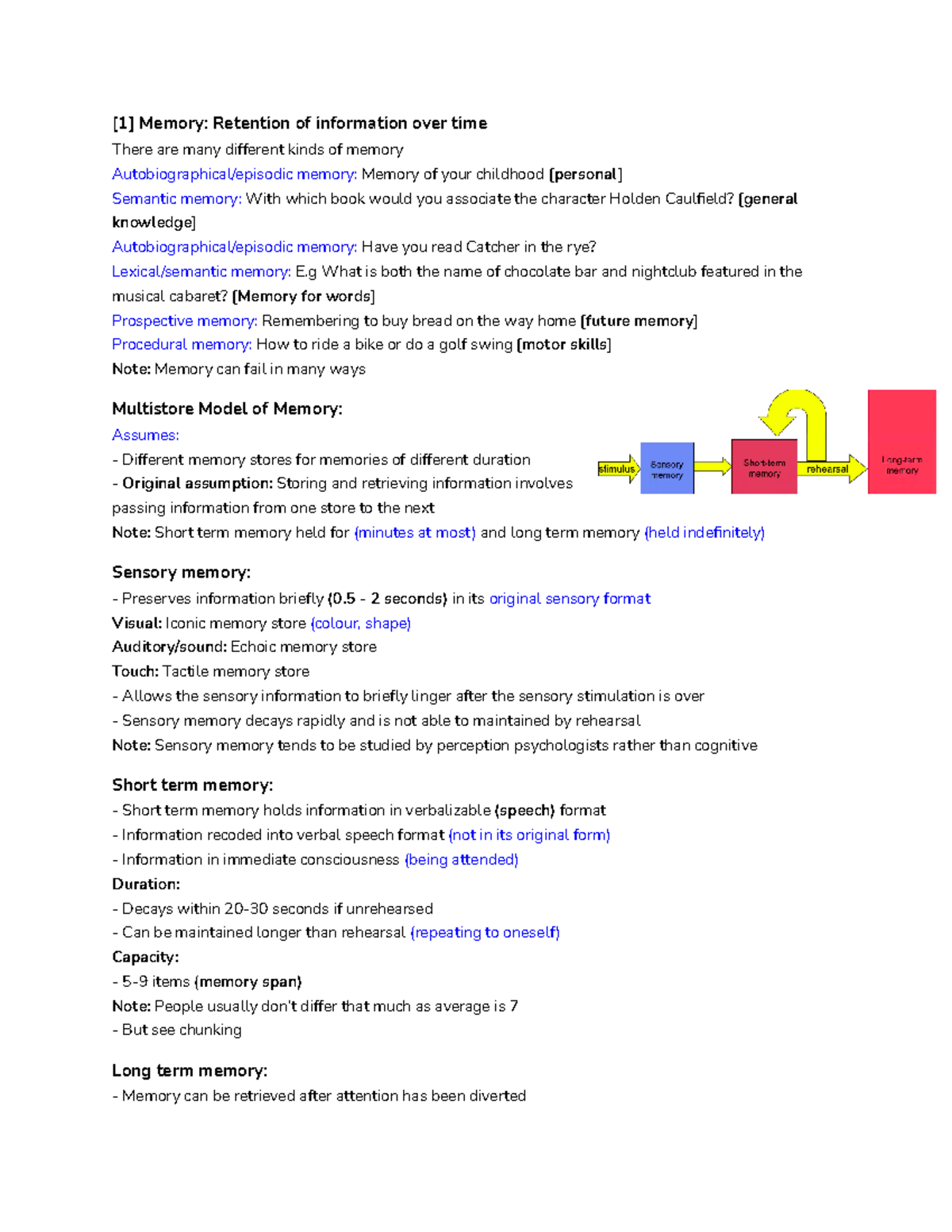 Week 11 Cognitive Psychology pt1 - [1] Memory: Retention of information ...