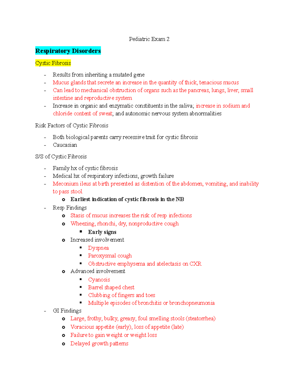 Ped Exam 2 Part 3 Resp - First two exams of pediatric notes comes from ...