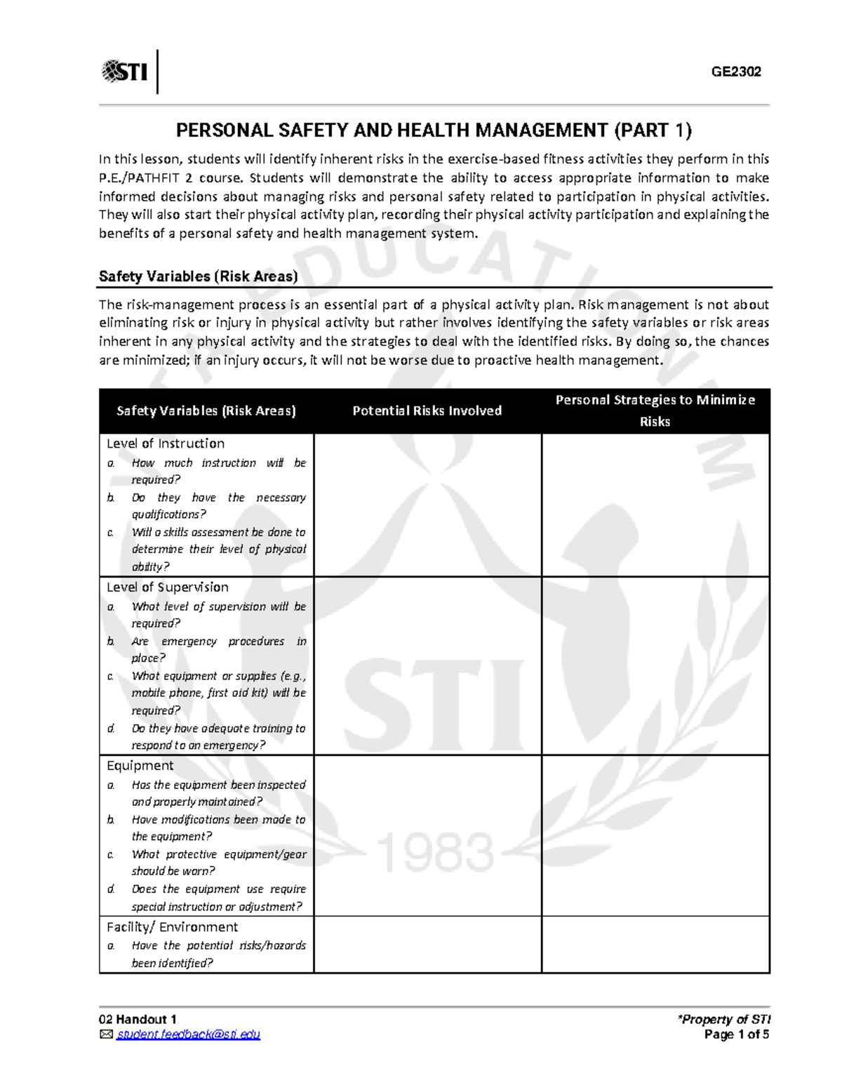 02 Handout-1 - This is a handout. - 02 Handout 1 *Property of STI PERSONAL SAFETY AND HEALTH ...