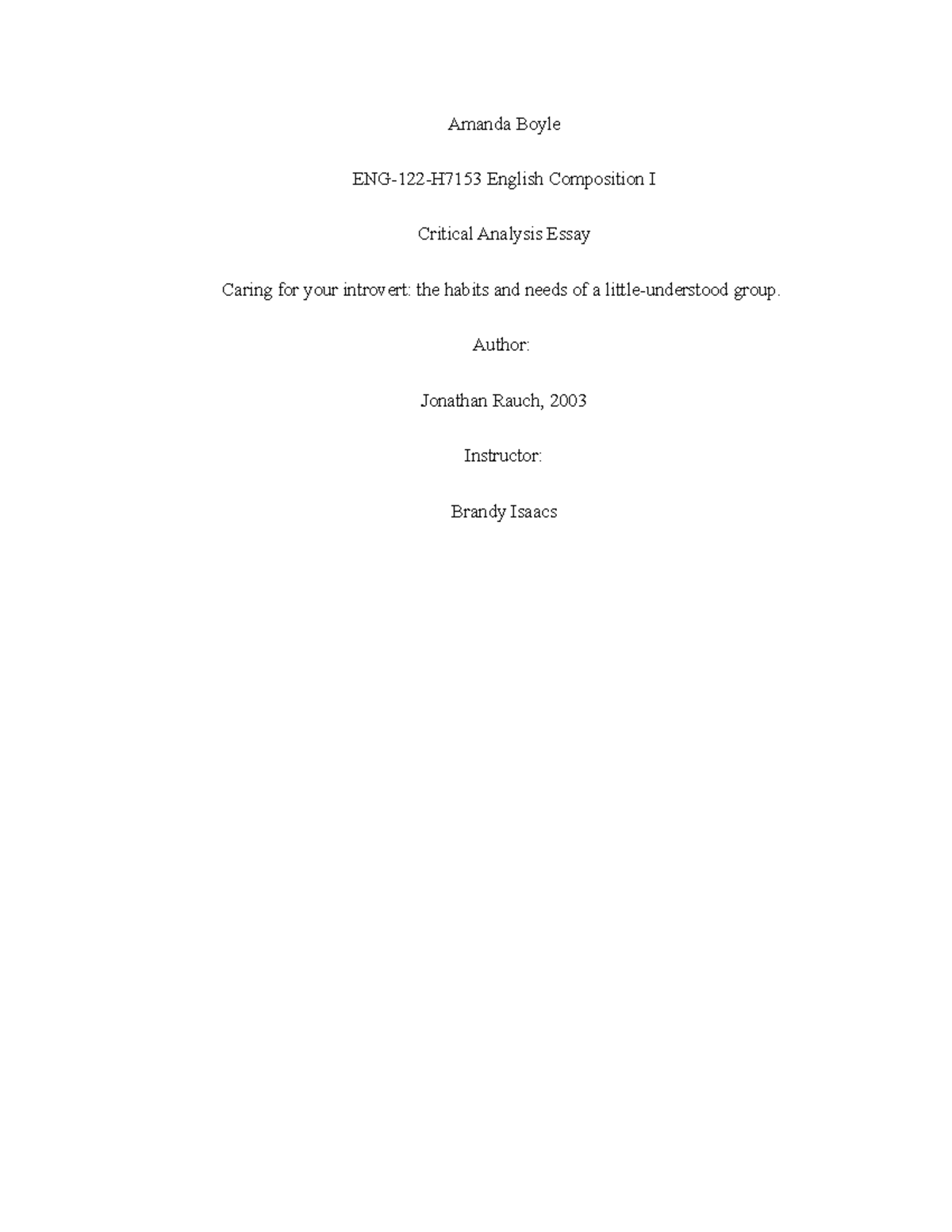 Critical Analysis Essay Final - Amanda Boyle ENG-122-H7153 English ...