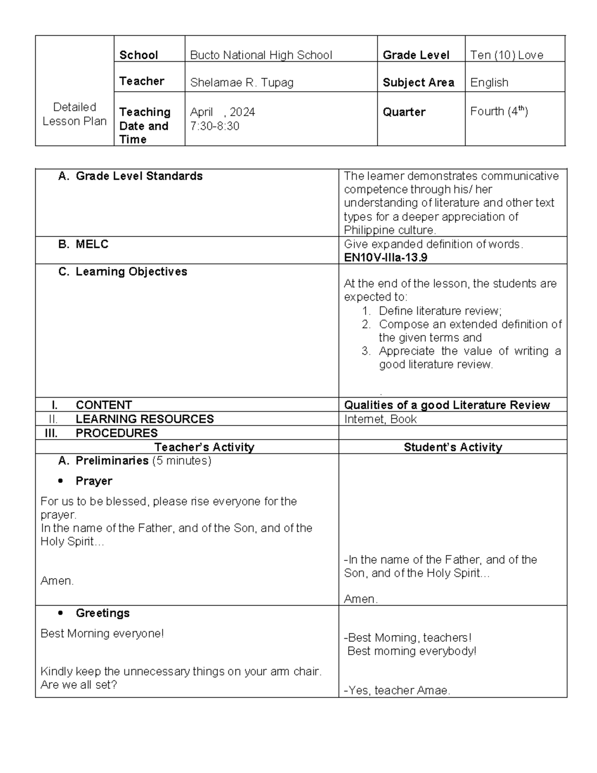 Detailed lesson plan Literature Review - Detailed Lesson Plan School ...