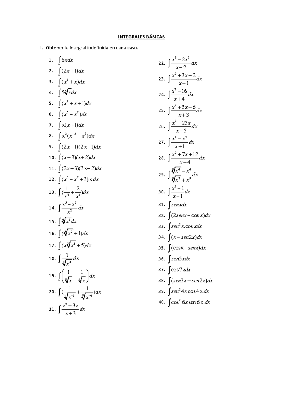S02 s1 - Resolver ejercicios - INTEGRALES BÁSICAS I.- Obtener la integral indefinida en cada ...