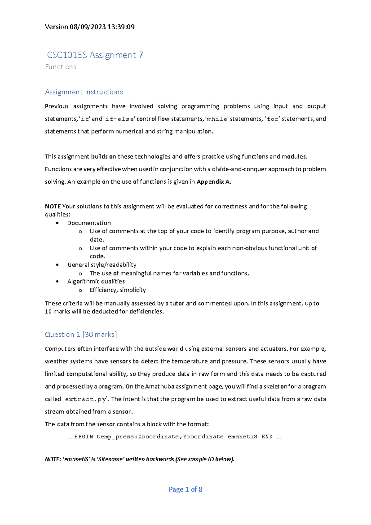 7. Functions - CSC1015S Assignment 7 Functions Assignment Instructions Previous assignments have ...