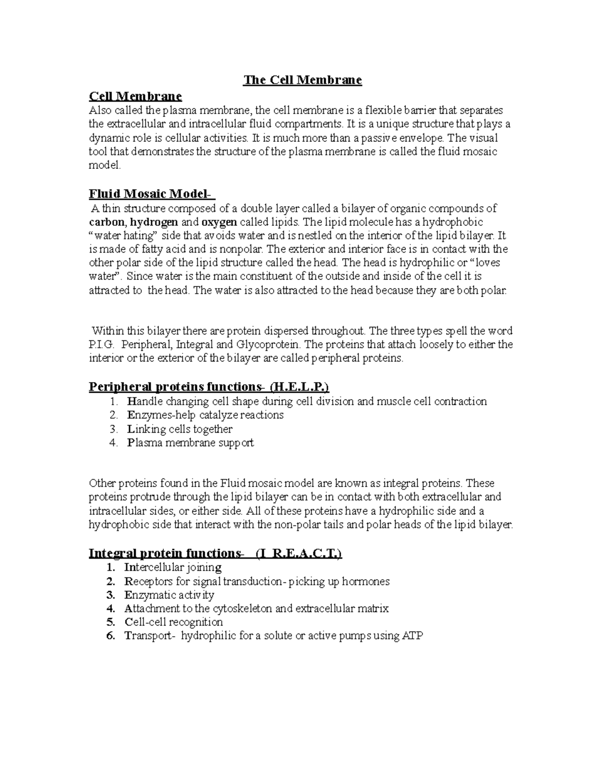 The Cell Membrane - Lecture notes 1-4 - The Cell Membrane Cell Membrane ...