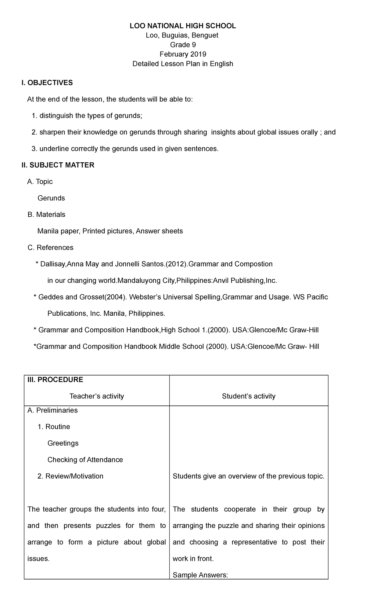 My lesson plan-gerund.docx 2-1 - LOO NATIONAL HIGH SCHOOL Loo, Buguias ...