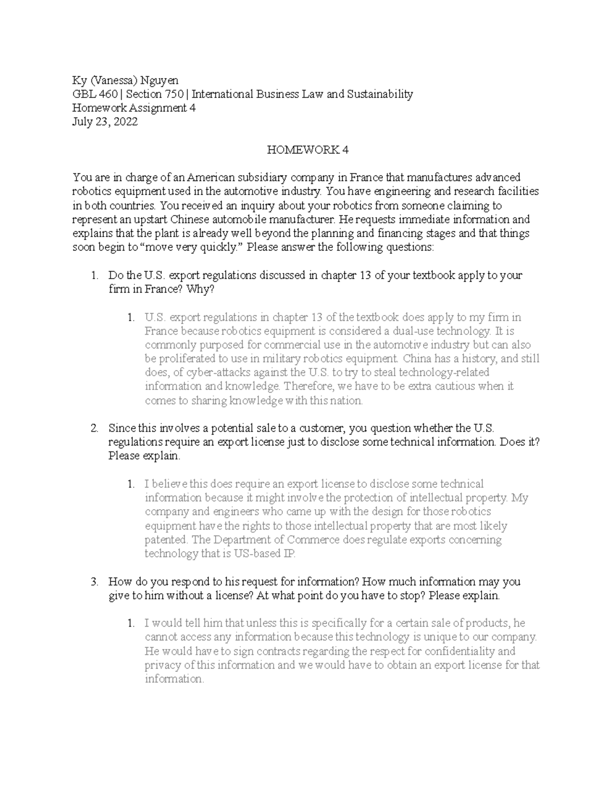 HW4 - Homework 4 answers - Harilaos Sorovigas - Ky (Vanessa) Nguyen GBL 460 | Section 750 ...