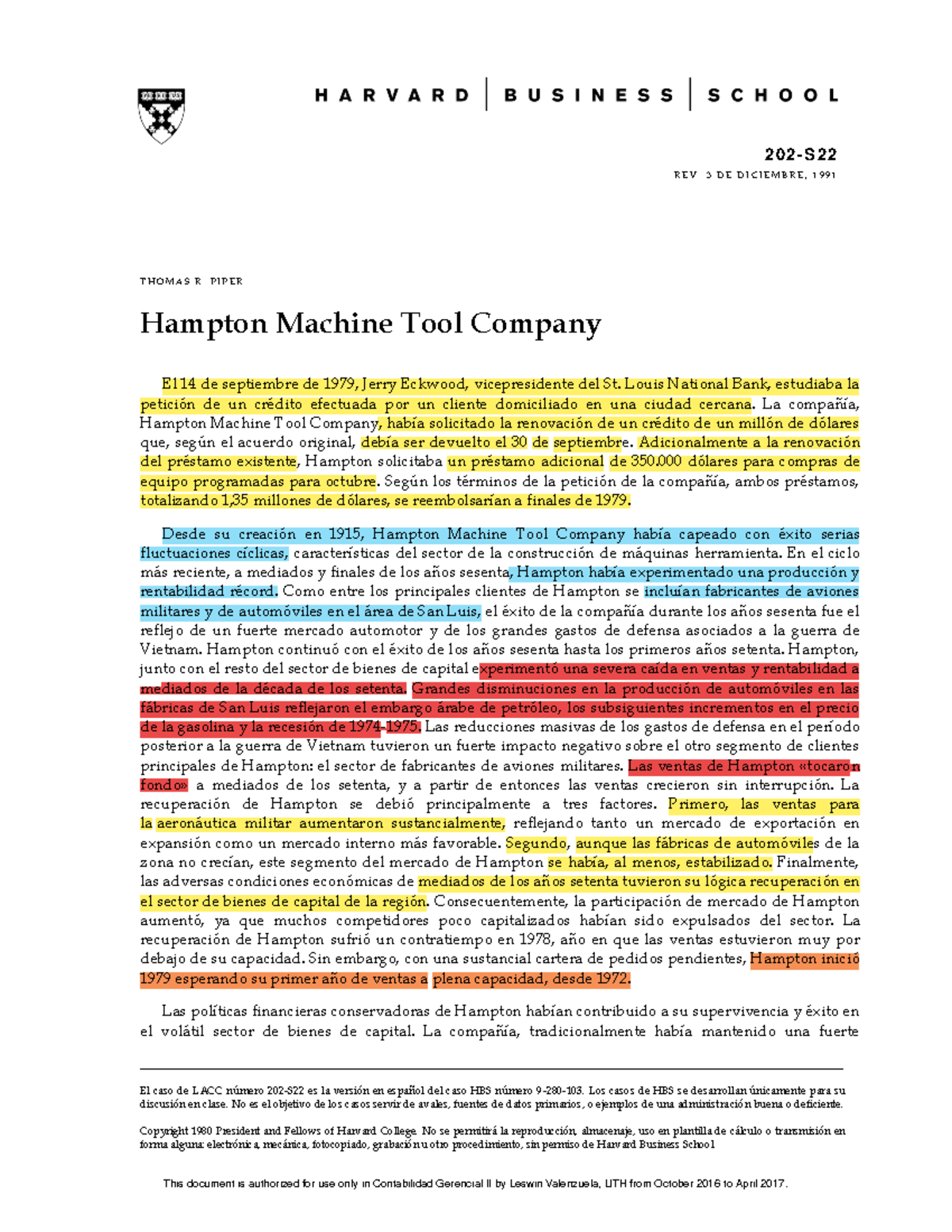 Resumen 1 caso Hampton machine - 2 0 2 2 2 REV. 3 DE DICIEMBRE, 1991 ...