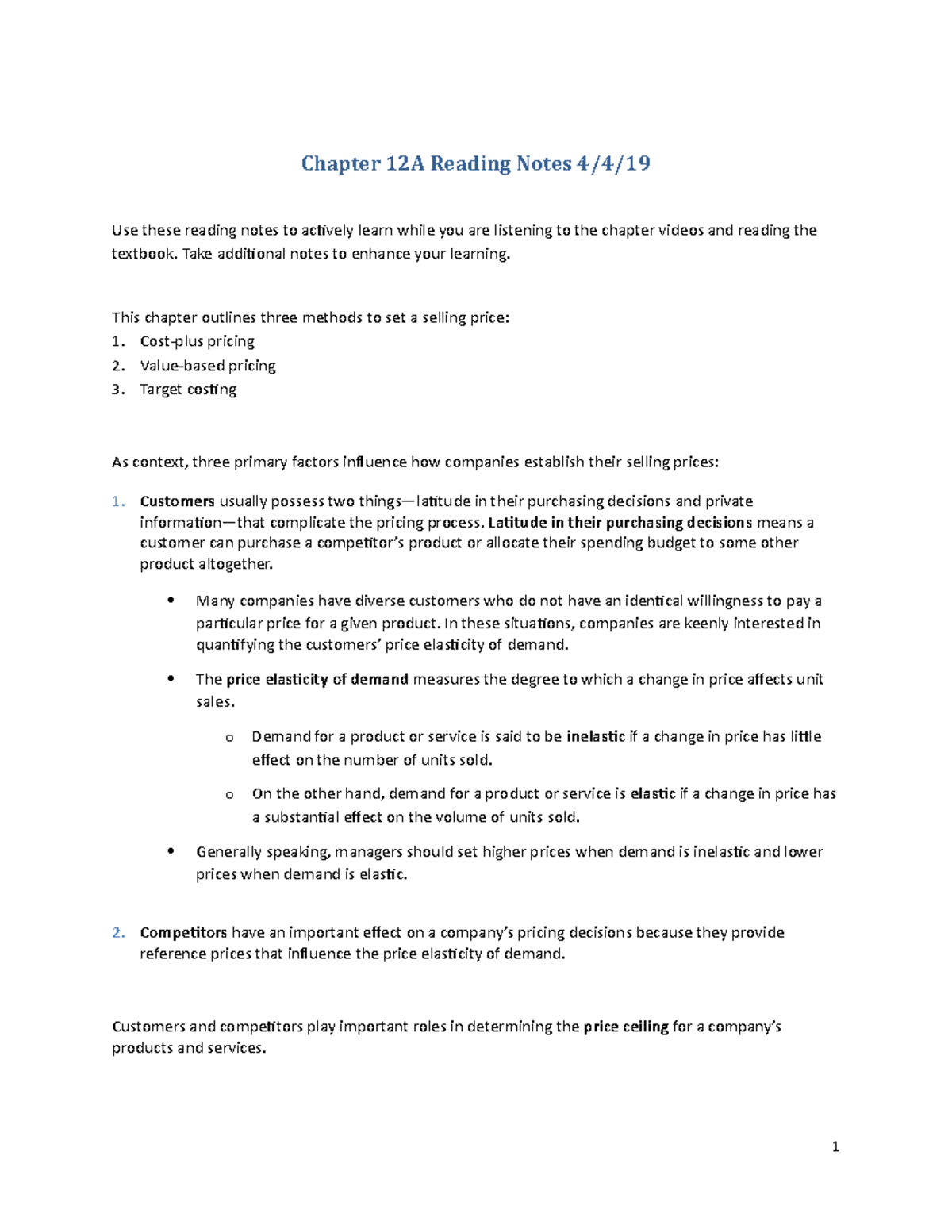 Chapter 12A Reading Notes - Take additional notes to enhance your ...