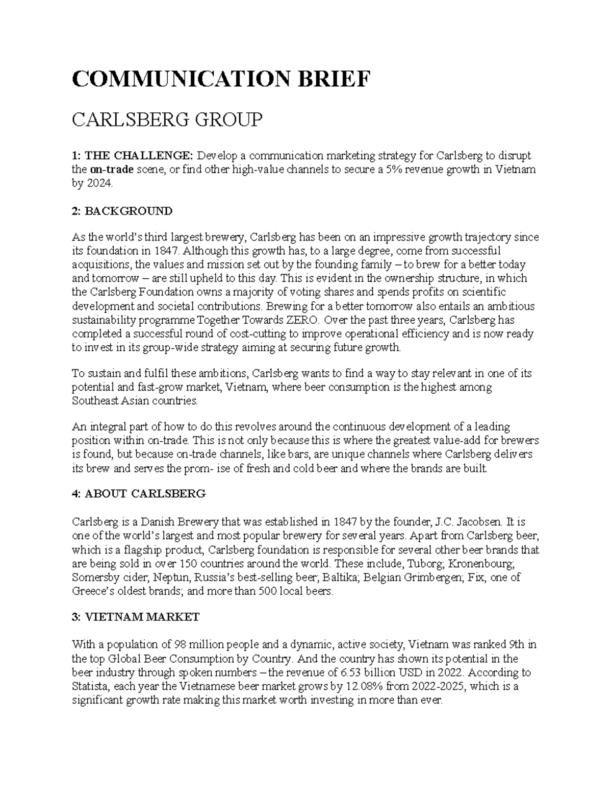 Carlsberg brief - COMMUNICATION BRIEF CARLSBERG GROUP 1: THE CHALLENGE ...