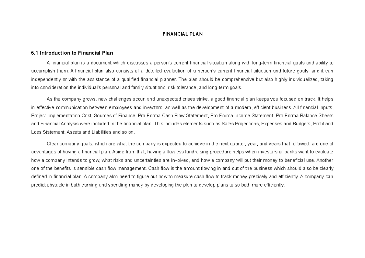 Financial PLAN - FINANCIAL PLAN 5 Introduction to Financial Plan A ...
