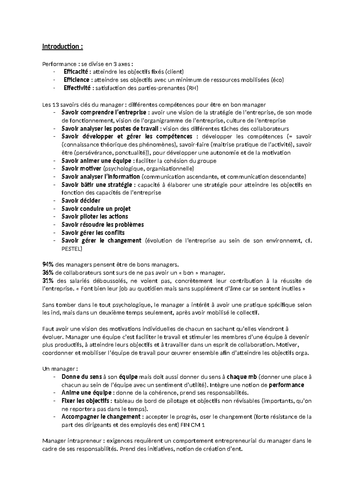 CM - cours management - Introduction : Performance : se divise en 3 ...