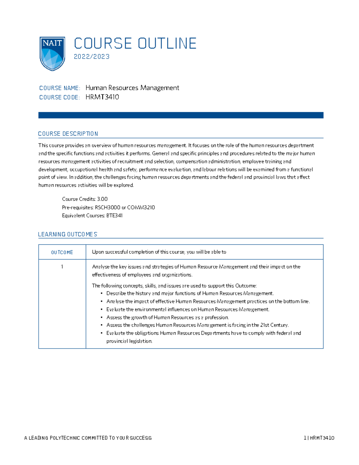 Course Outline HRMT3410 - 2022 - COURSE OUTLINE 2022/ COURSE NAME ...