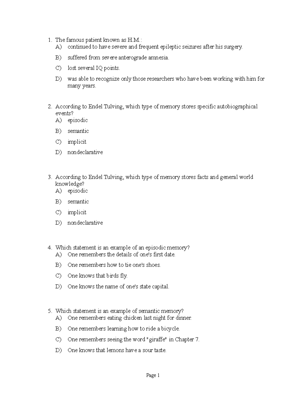 Chapter 7 Episodic and Semantic Memory exam 3 tb - The famous patient ...
